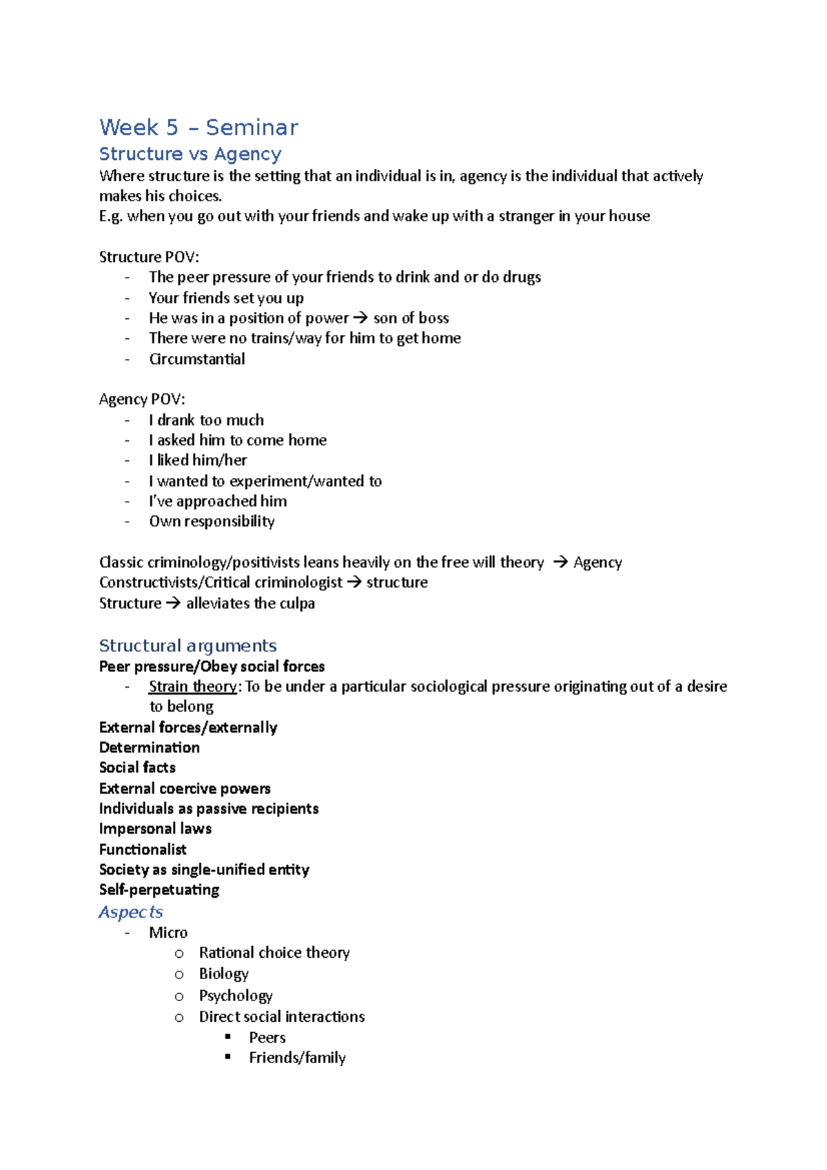 Seminar notities week 5 - Week 5 – Seminar Structure vs Agency Where ...