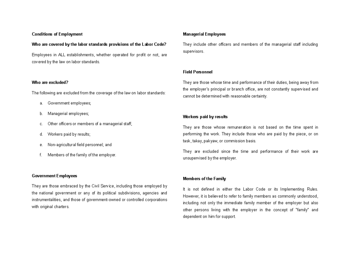 Conditions of Employment - Who are excluded? The following are excluded ...