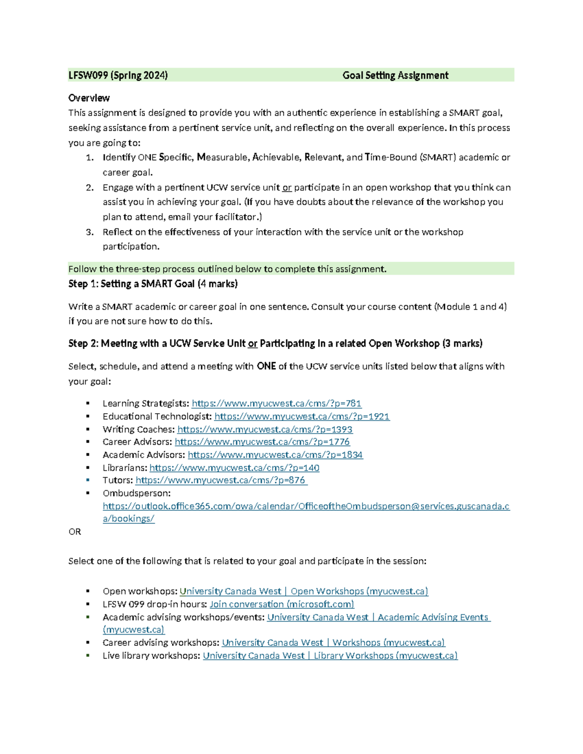 Instructions - Goal Setting Assignment - LFSW099 (Spring 2024) Goal ...