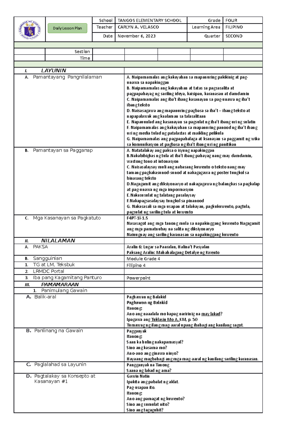 Filipino 4 WEEK 1-WEEK 2- Second Quarter - School TANGOS ELEMENTARY ...