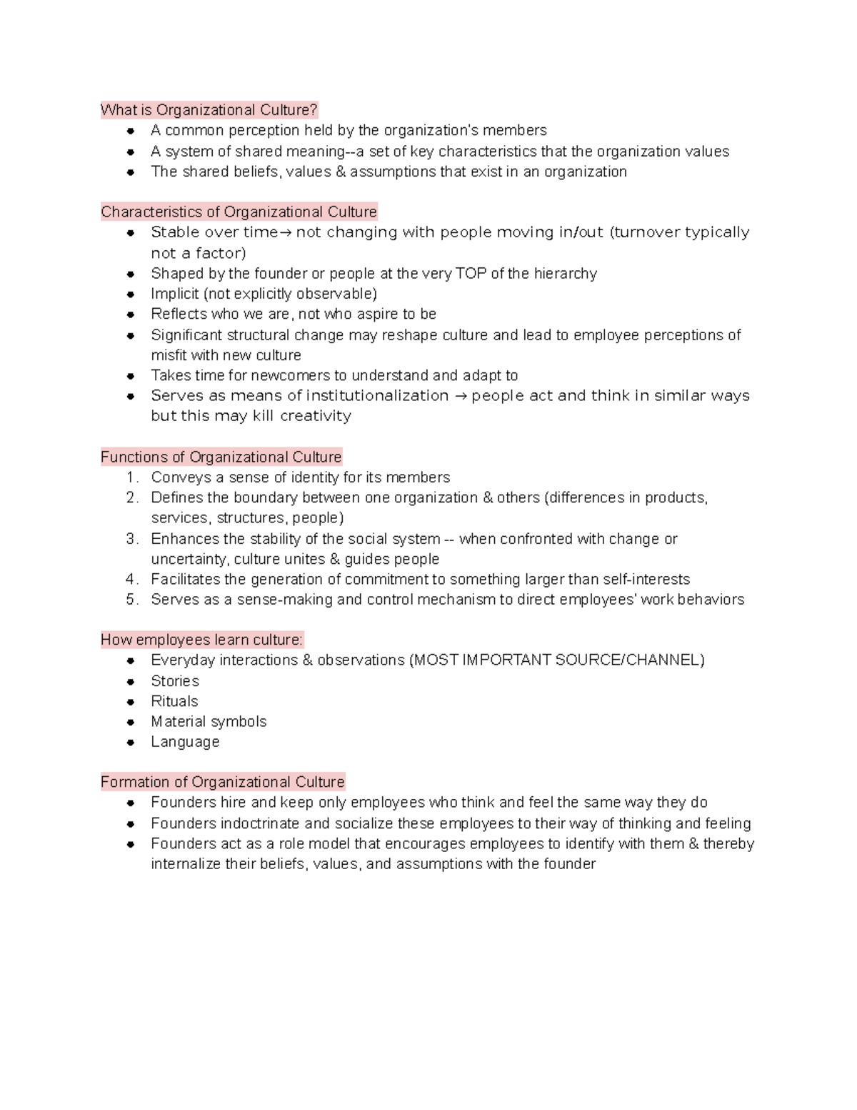 Chapter 2 Notes and Concepts - What is Organizational Culture? A common ...