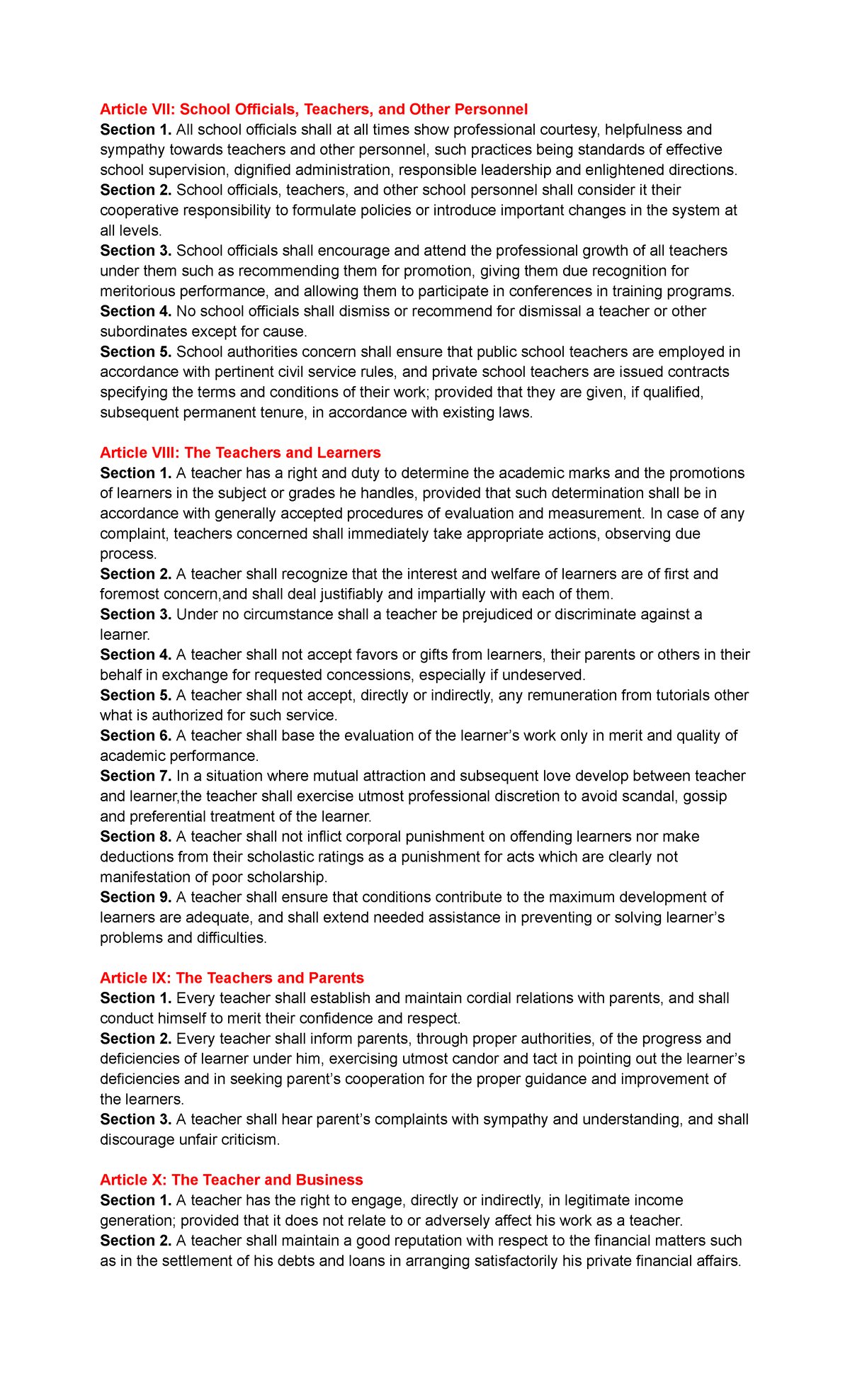 CODE OF Ethics - Article VII: School Officials, Teachers, and Other ...