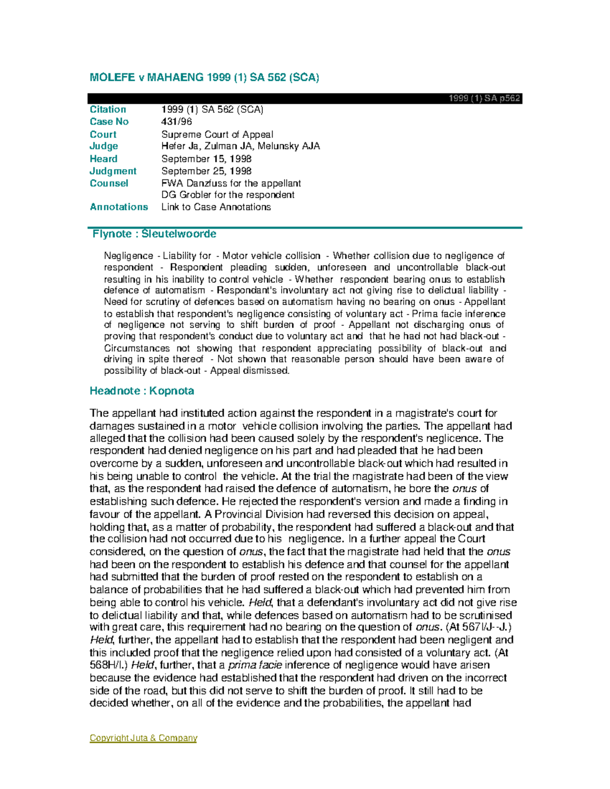 Molefe v Mahaeng 1999 - Case - MOLEFE v MAHAENG 1999 (1) SA 562 (SCA ...