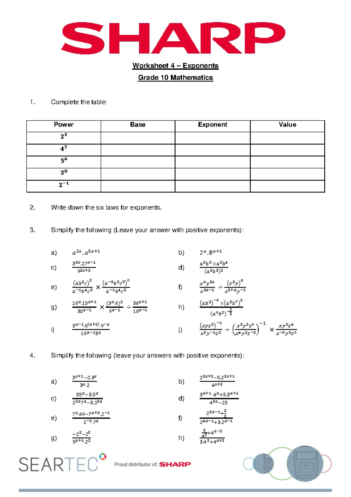 Worksheet 4 - Exponents Grade 10 Mathematics - Worksheet 4 – Exponents ...