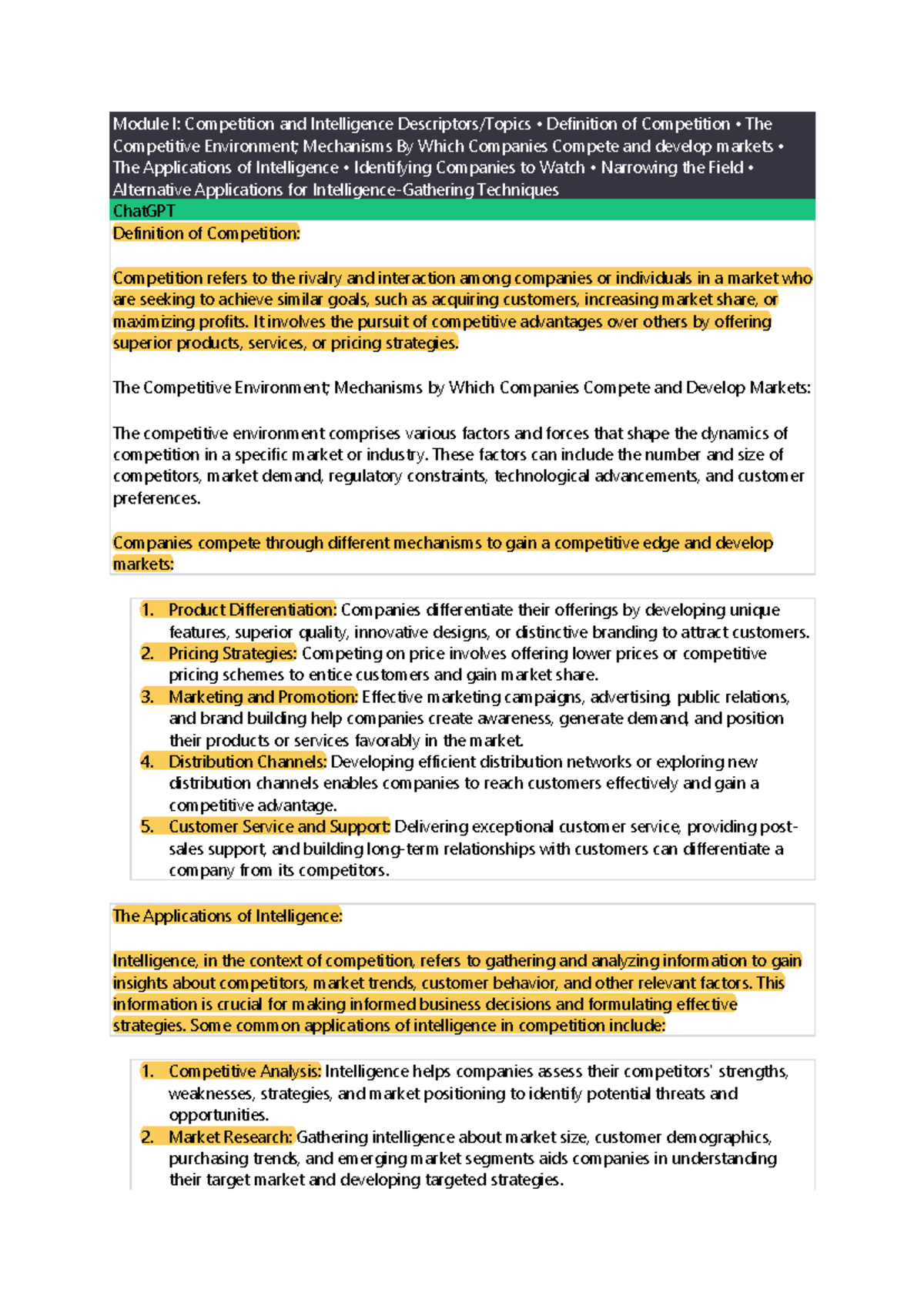 CI104 Notes ALL Modules - Module I: Competition and Intelligence ...