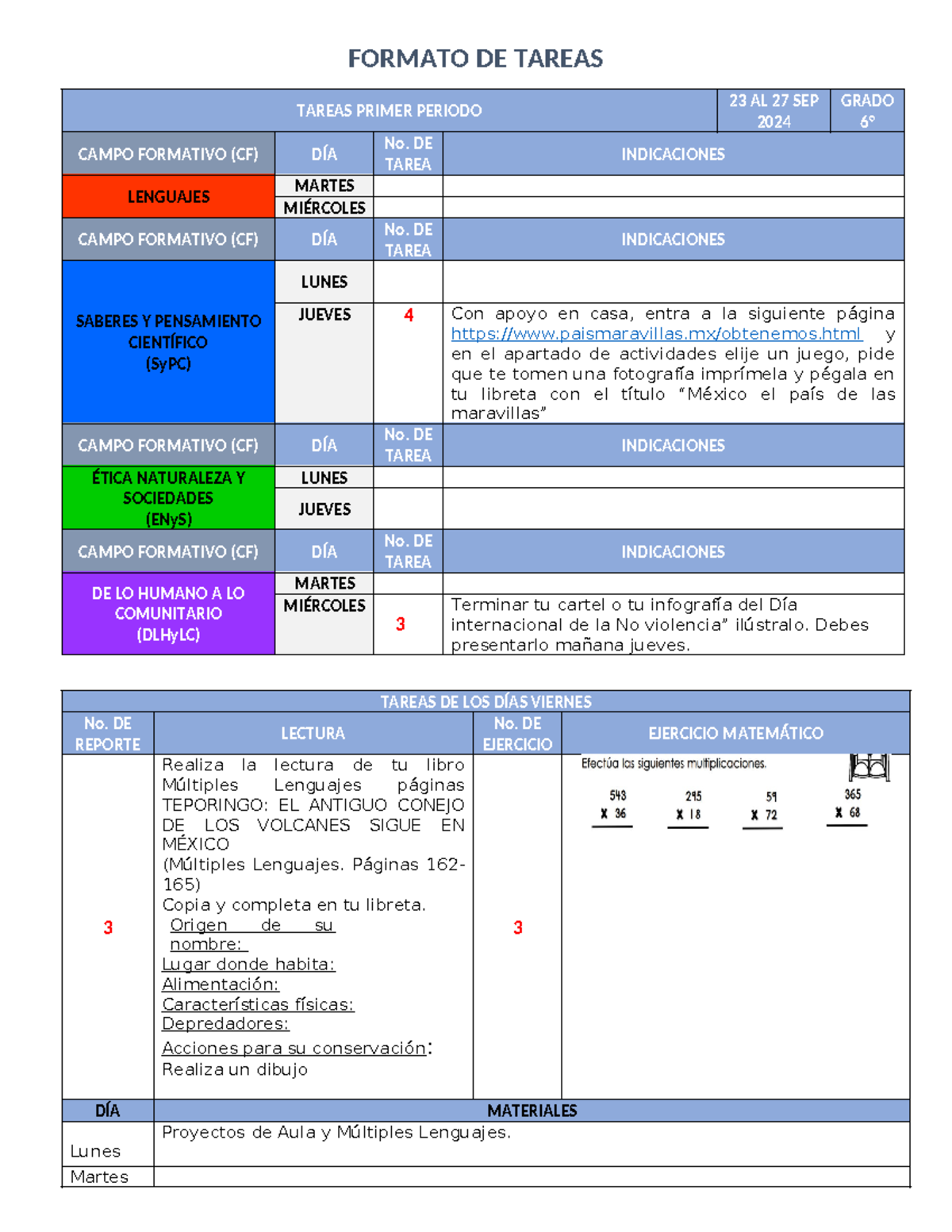 3 Formato de tareas 2024-2025 - FORMATO DE TAREAS TAREAS PRIMER PERIODO 23 AL 27 SEP 2024 GRADO ...
