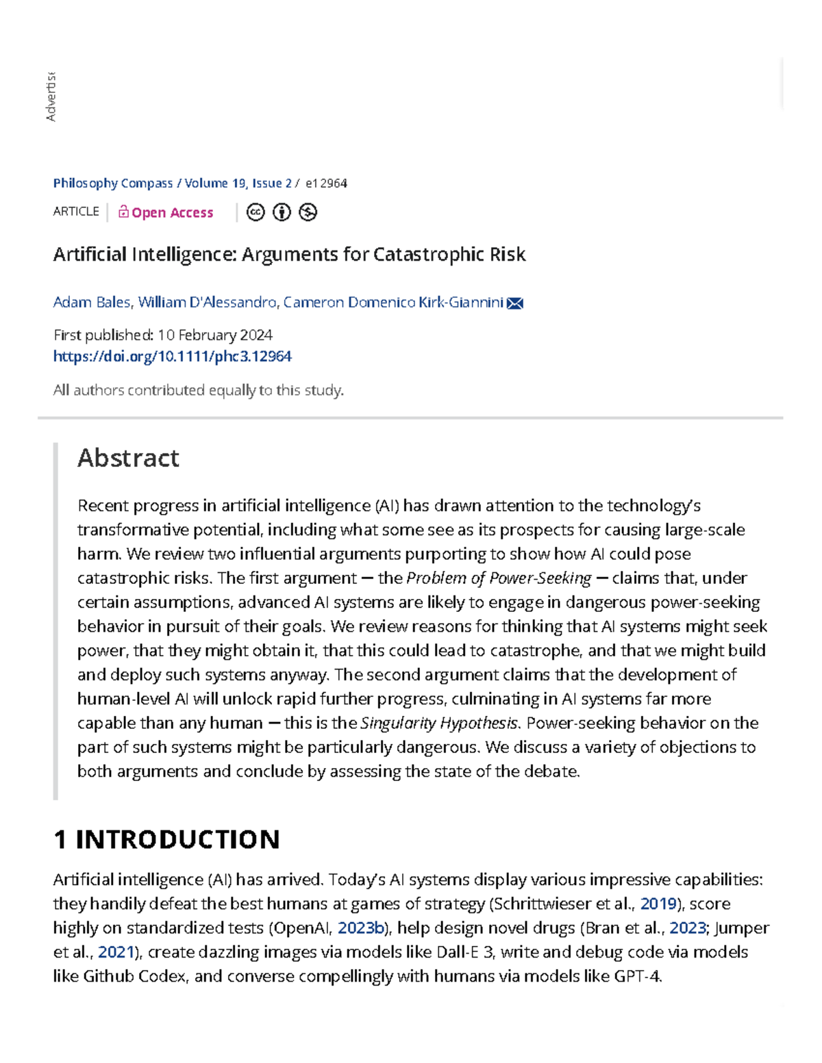 Artificial Intelligence Arguments for Catastrophic Risk - Bales - 2024 ...