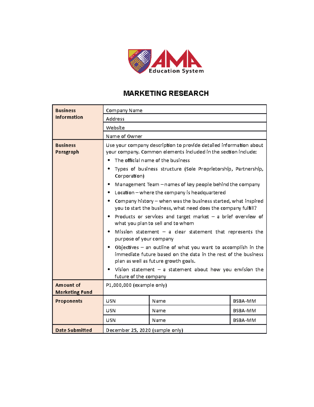Marketing Plan Template v3 - MARKETING RESEARCH Business Information ...
