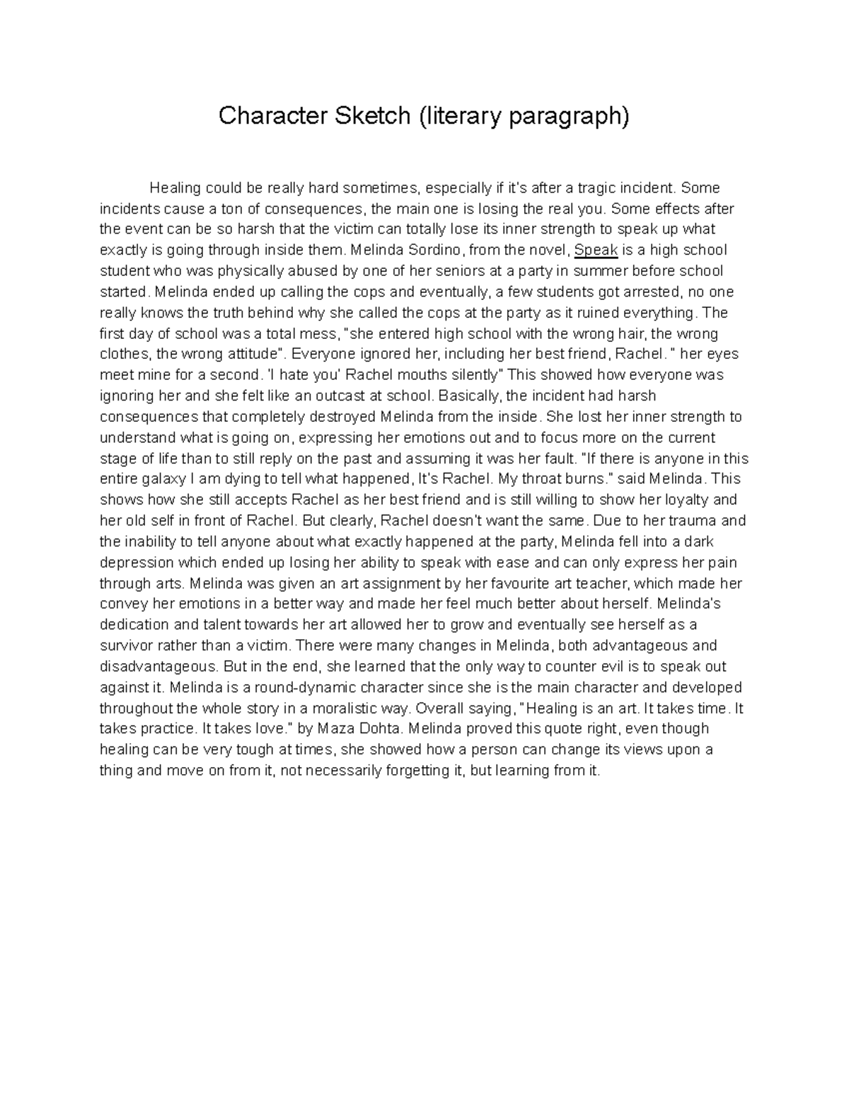 Literary paragraph for melinda in 'speak' novel - Character Sketch ...