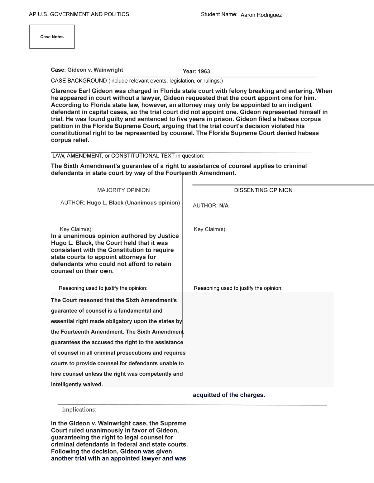 Copy of Case Notes - Gideon v. Wainwright - AP U. GOVERNMENT AND ...
