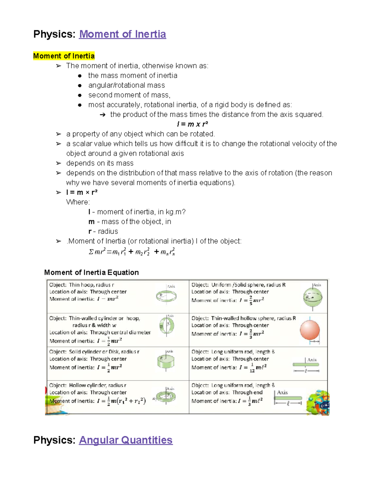 Physics Moment Of Inertia And Angular Quantities Physics Moment Of