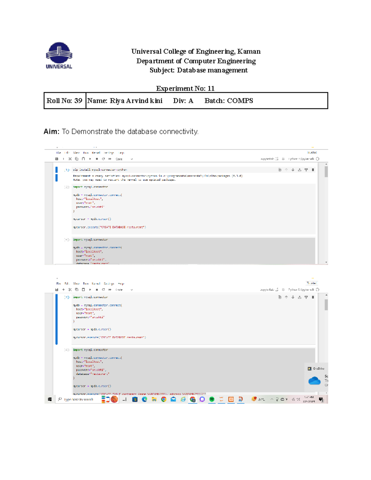 DBMS EXP 11 - khf - Computer Science SL - Universal College of Engineering, Kaman Department of ...