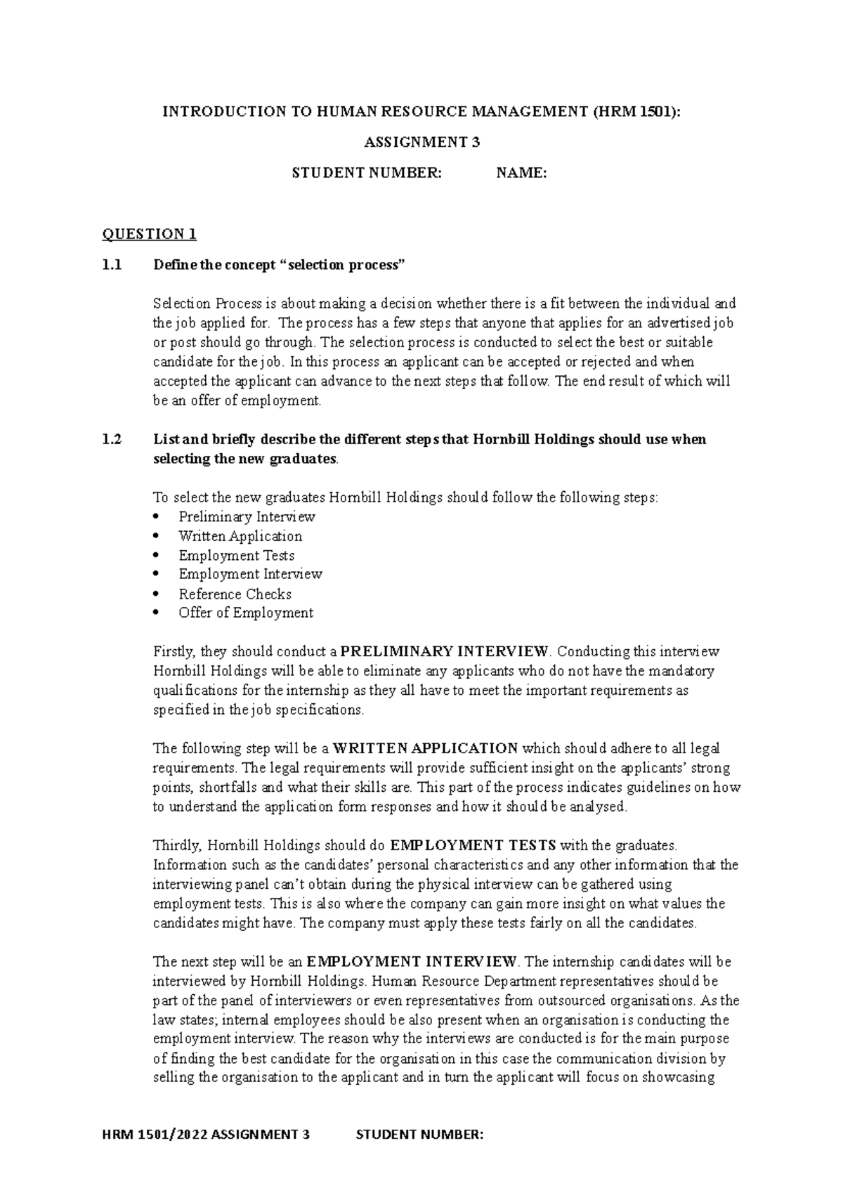 HRM 1501 Assignment 3 2022 - INTRODUCTION TO HUMAN RESOURCE MANAGEMENT ...