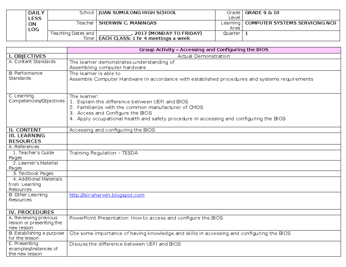 BIOS Configuration - DAILY LESS ON LOG School JUAN SUMULONG HIGH SCHOOL ...