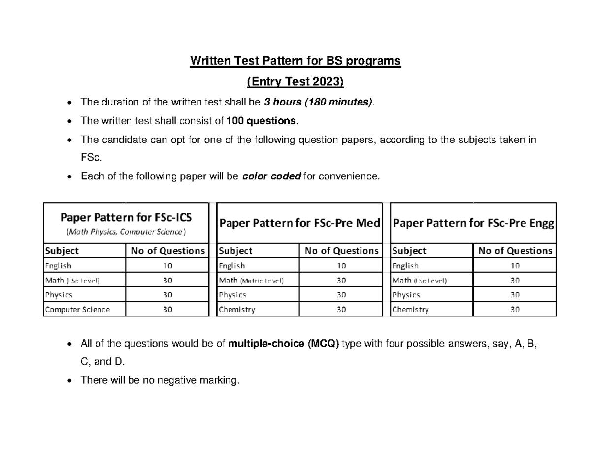 Written Test Patternfor BSPrograms 2023 - Written Test Pattern for BS ...