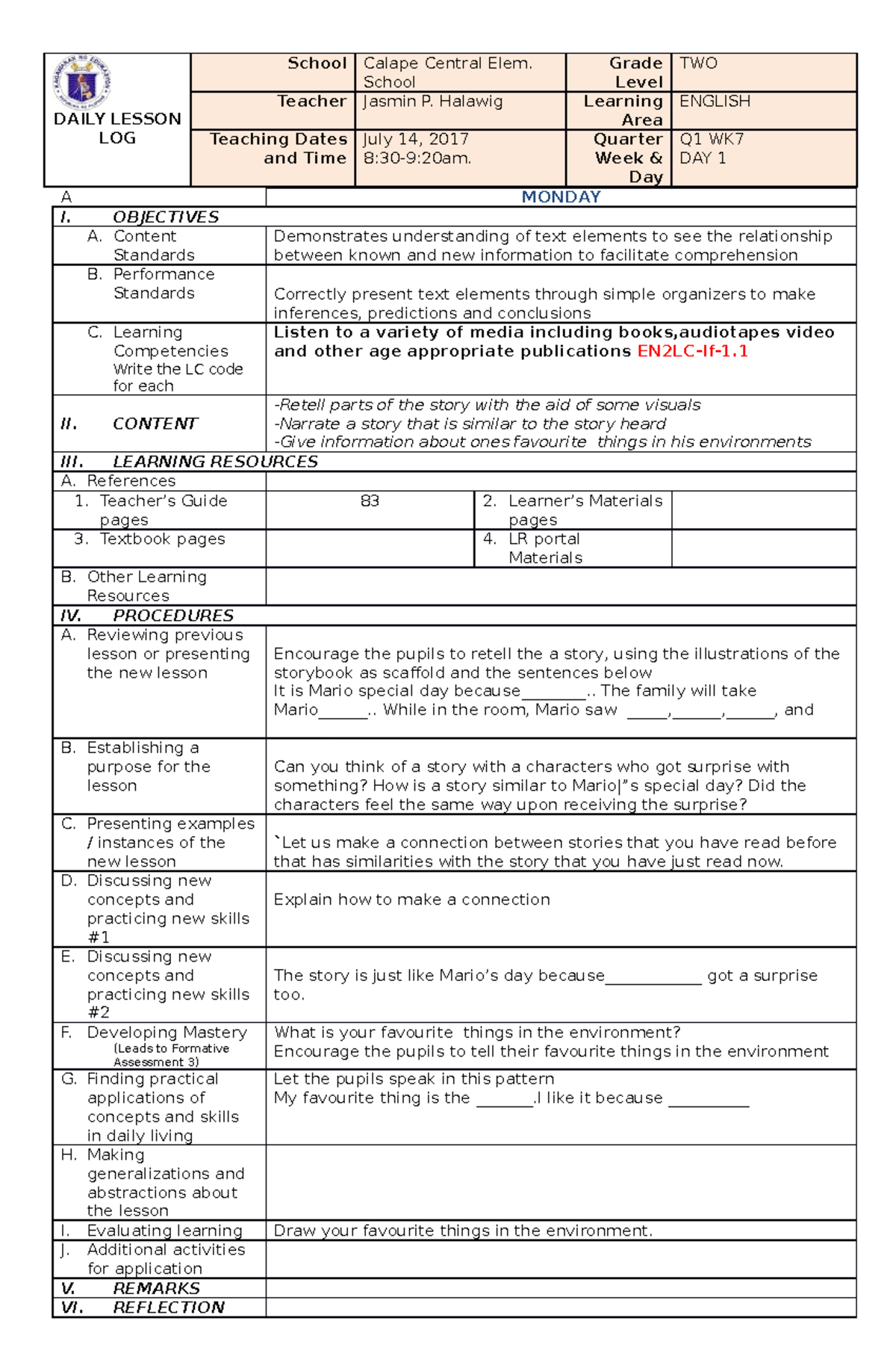 English-dll- week 7day1 - DAILY LESSON LOG School Calape Central Elem ...