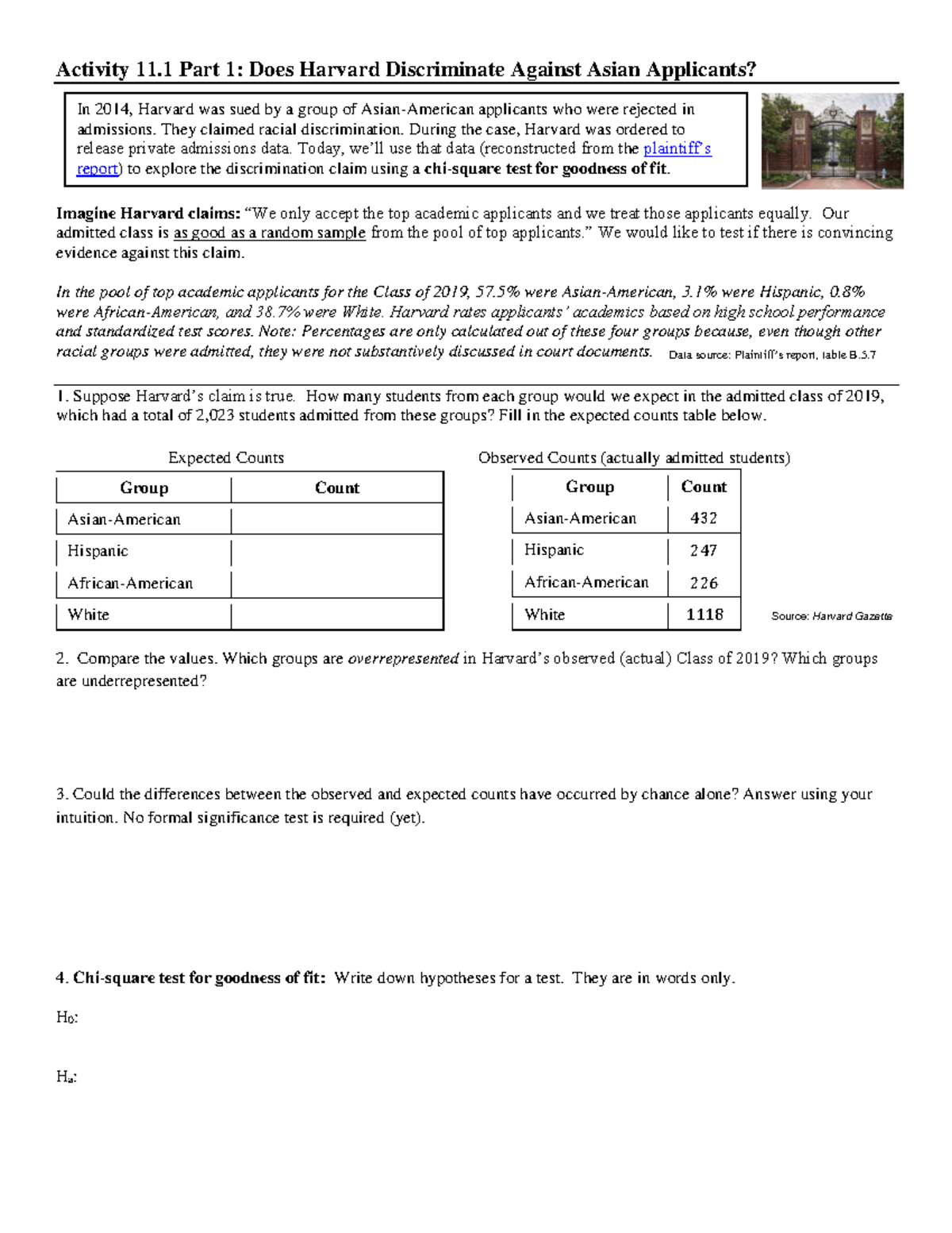 Apstat Chapter 11 Notes 2022 - Activity 11 Part 1: Does Harvard ...