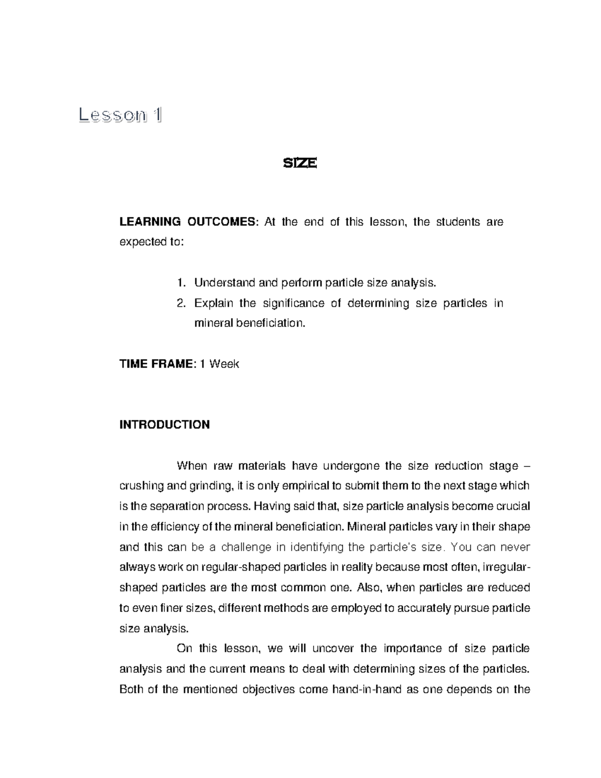 Topic 6 - Mineral Engineering - Lecture Notes - SIZE LEARNING OUTCOMES ...