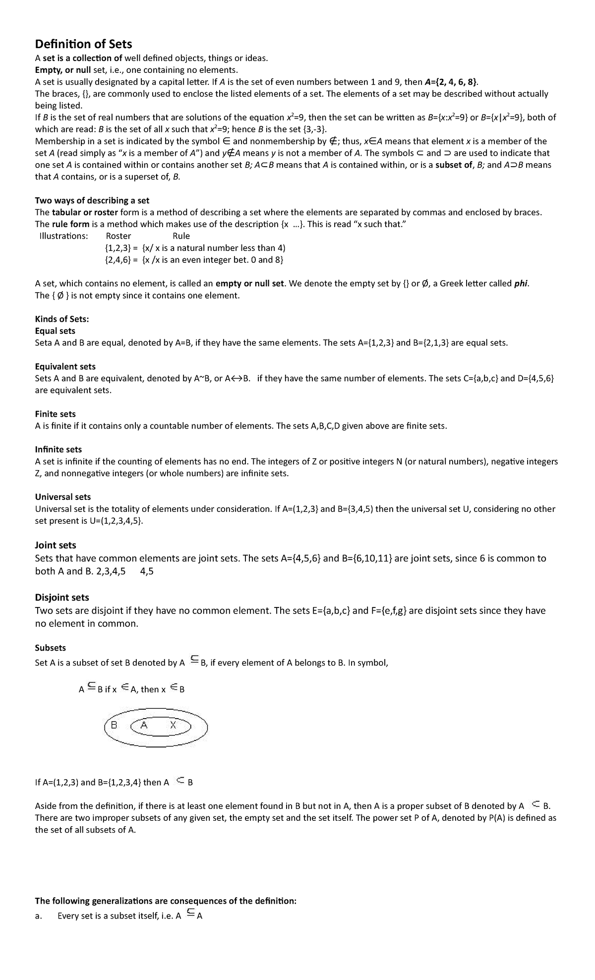 Sets-hand-out - Lecture notes 1 - Definition of Sets A set is a ...