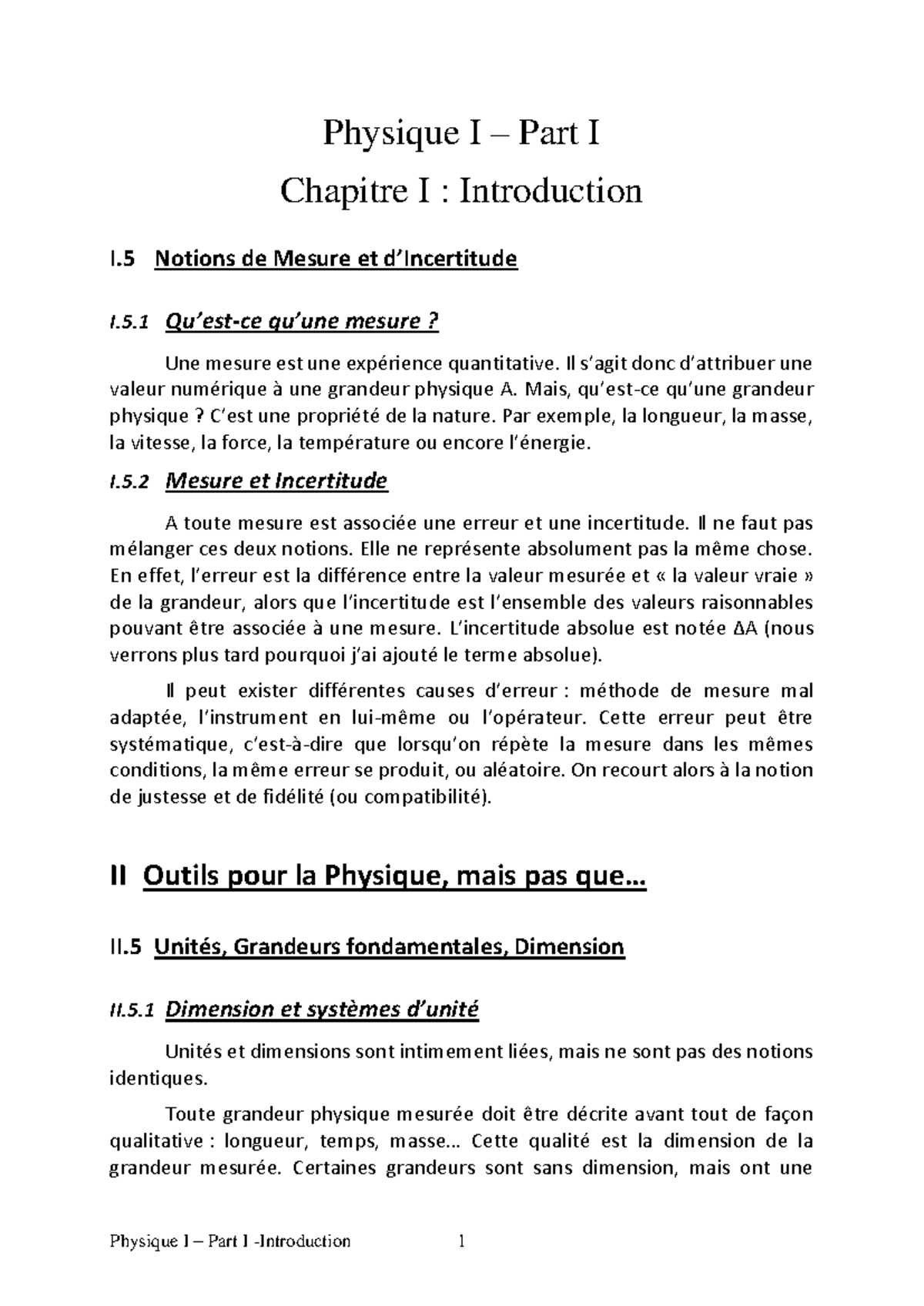 Physique 1-introduction-seance 2 - Physique I – Part I Chapitre I : Introduction I Notions de ...