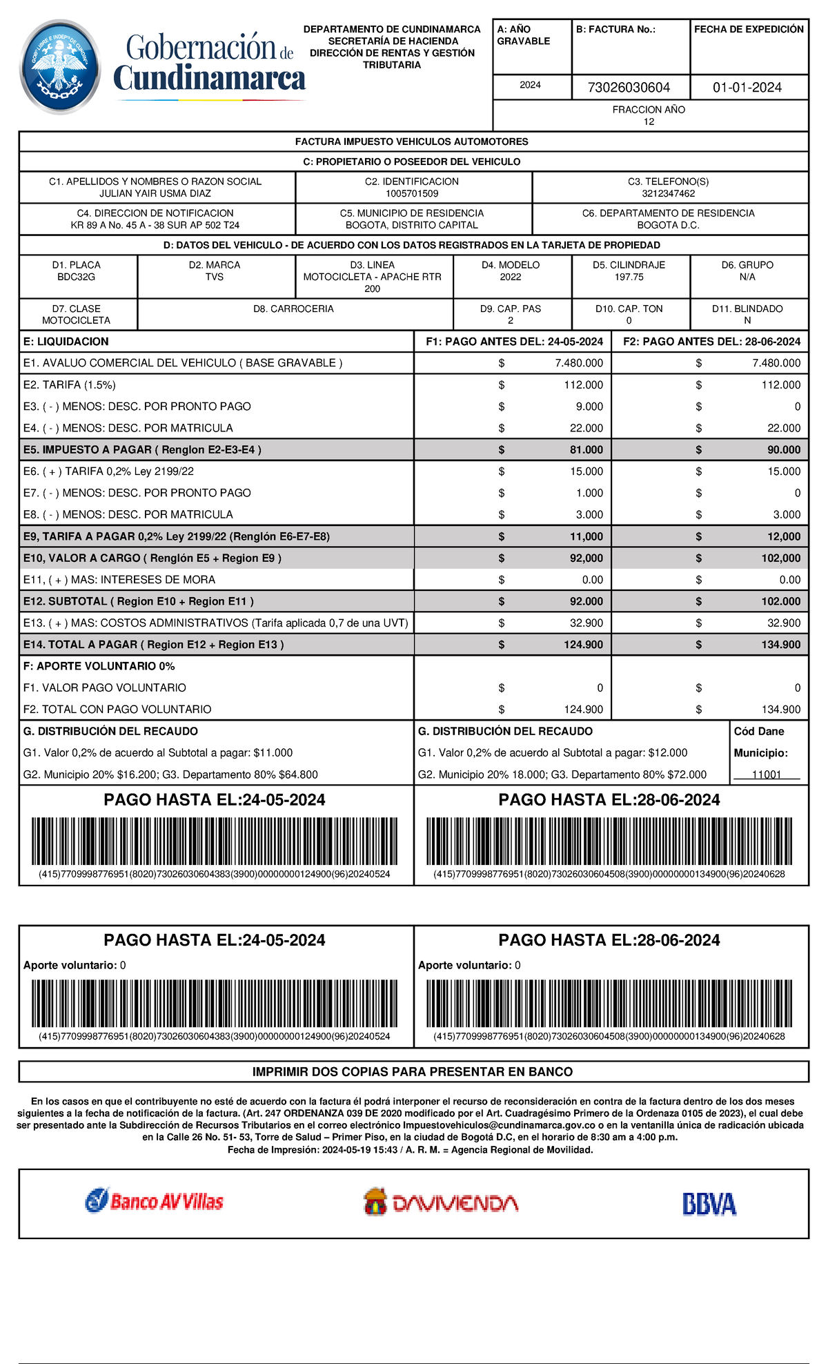 Factura - Hdhsj - DEPARTAMENTO DE CUNDINAMARCA SECRETARÍA DE HACIENDA ...