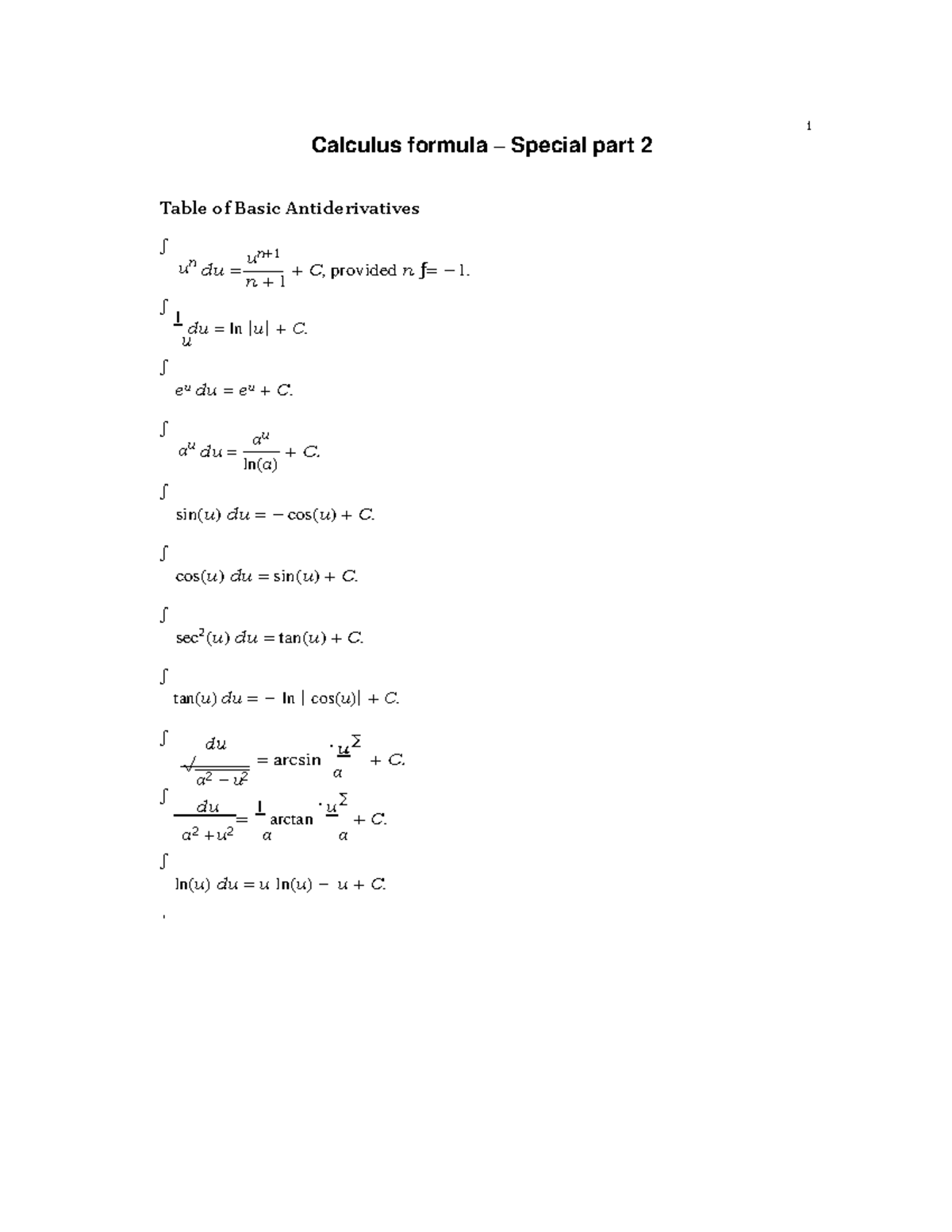 Calcus Formula special - part 2 - ∫ sin 2 ( u ) du = u − sin(2 u ) + C ...