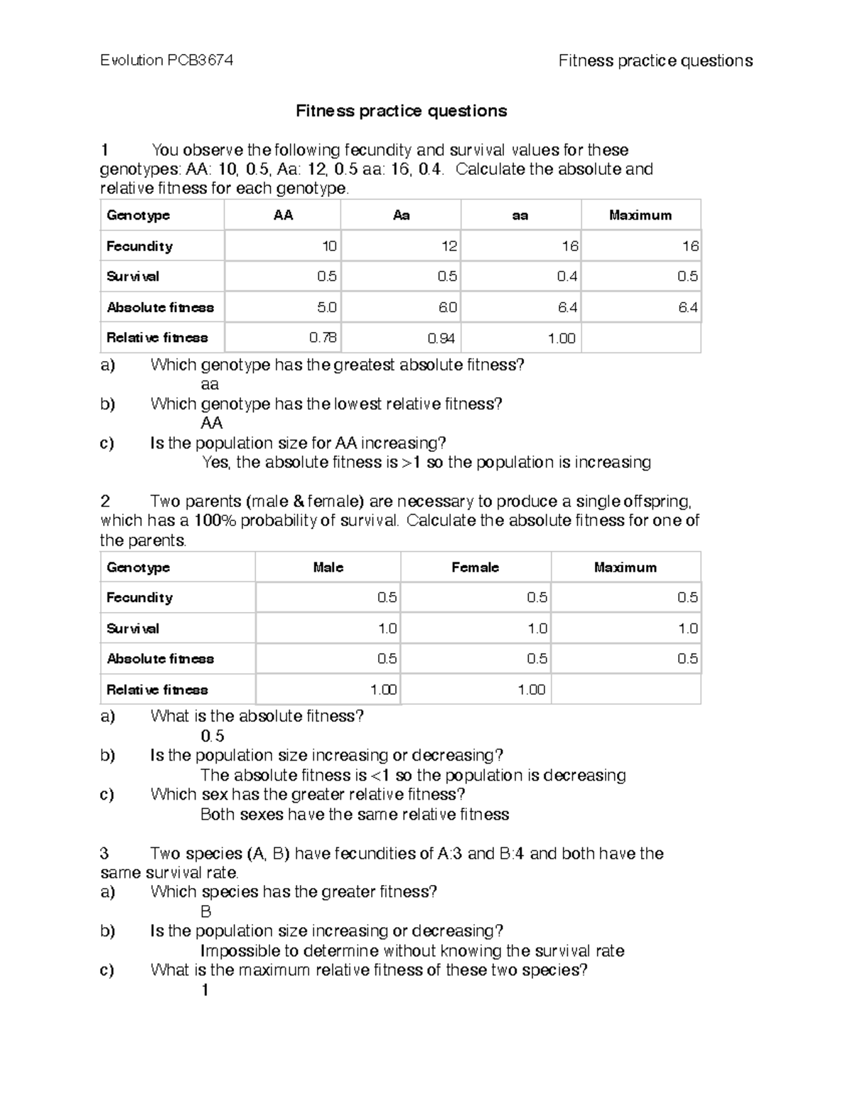 Fitness practice questions - Evolution PCB3674 Fitness practice questions Fitness practice ...