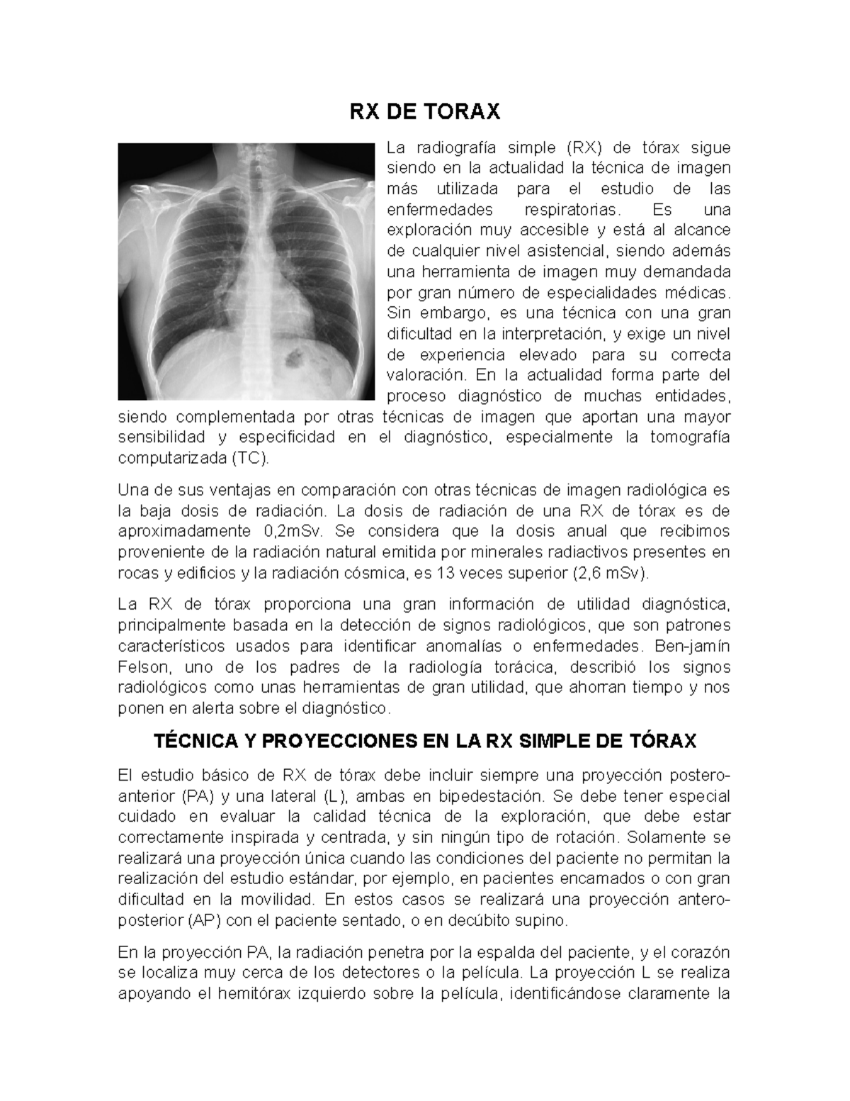 Radiografía de Tórax - Apuntes 2-6 - RX DE TORAX La radiografía simple ...