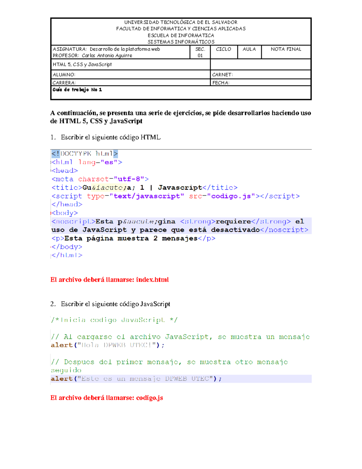 Guia No 1 html5-css-javascript - A continuación, se presenta una serie ...