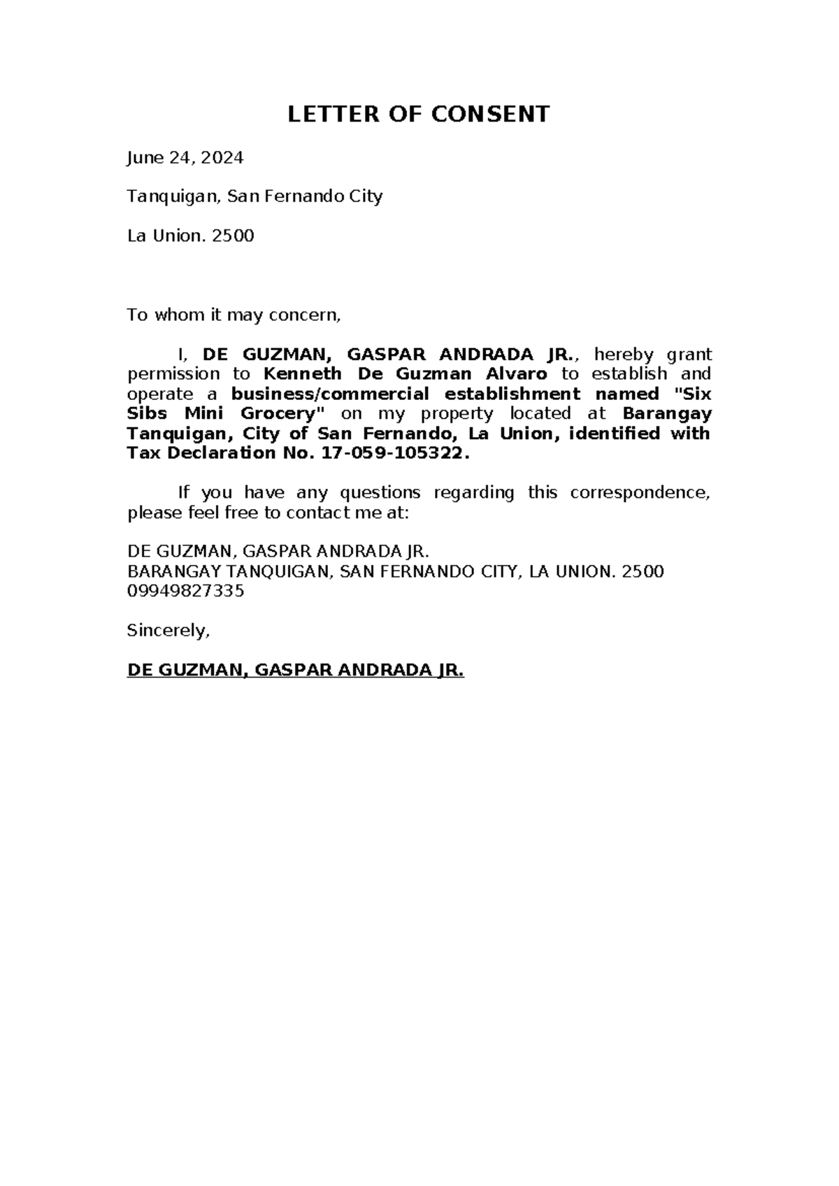 Letter OF Consent - LETTER OF CONSENT June 24, 2024 Tanquigan, San ...