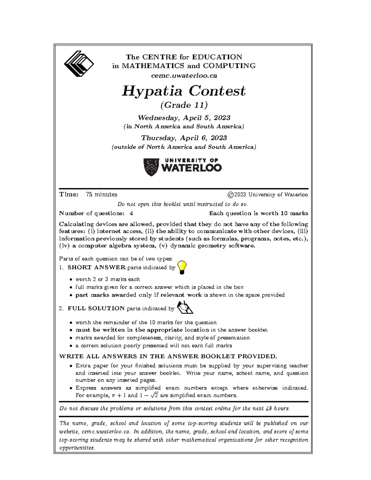 Hypatia Combined Contest - The CENTRE for EDUCATION in MATHEMATICS and ...