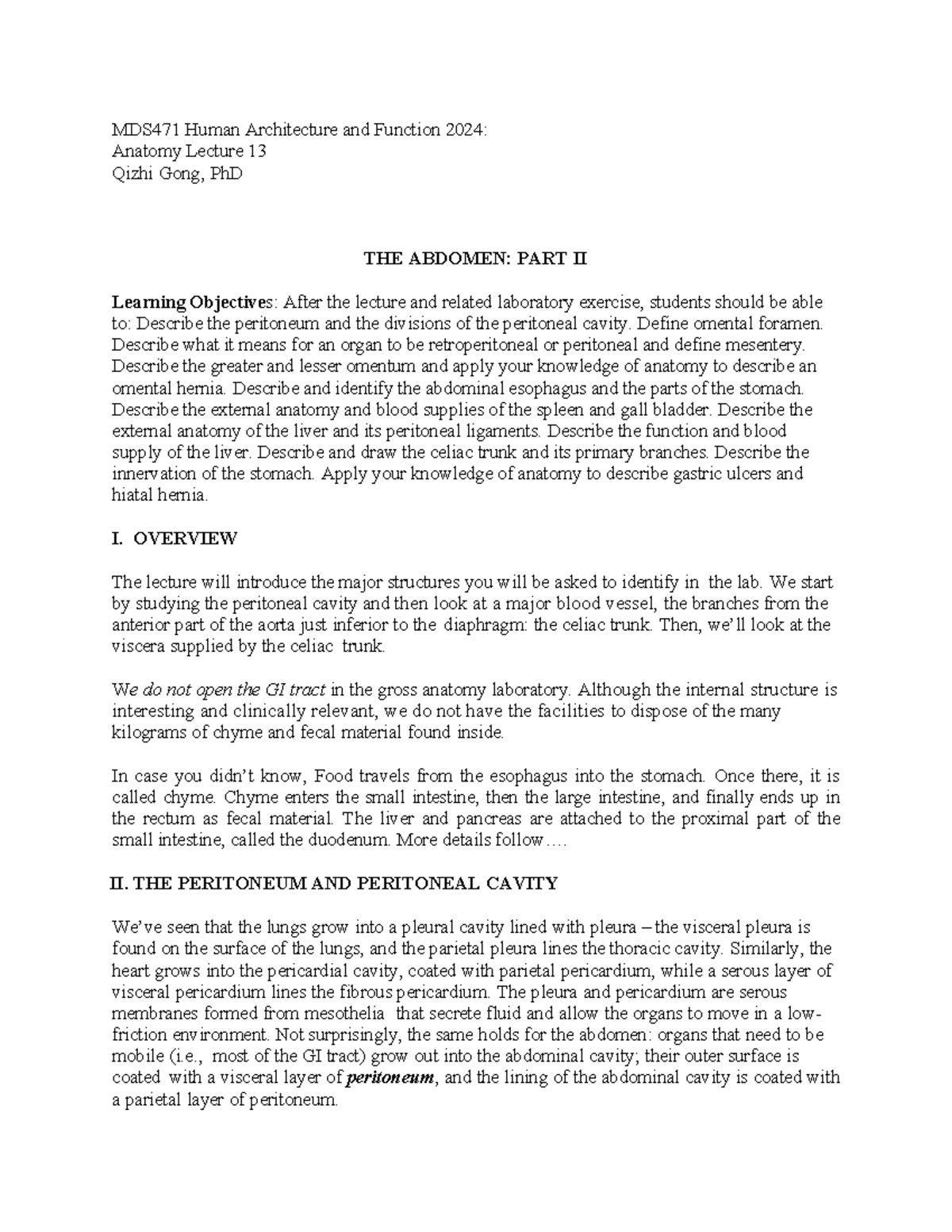 Anatomy l13 abdomen 2 gong notes - MDS471 Human Architecture and ...