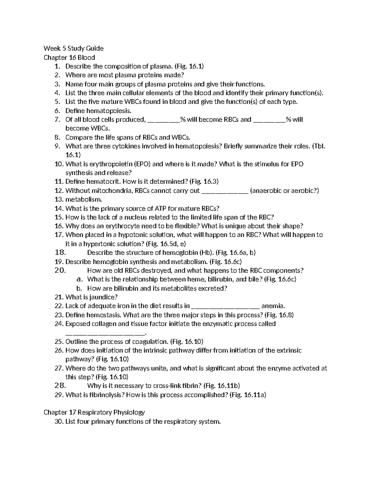Week 5 Study Guide - N/A - Week 5 Study Guide Chapter 16 Blood 1 ...