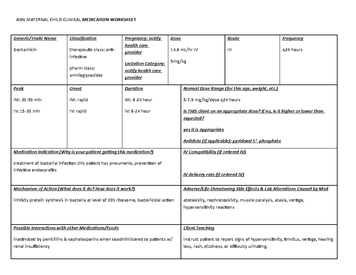 Gentamicin Med - yes - ADN MATERNAL CHILD CLINICAL MEDICATION WORKSHEET ...