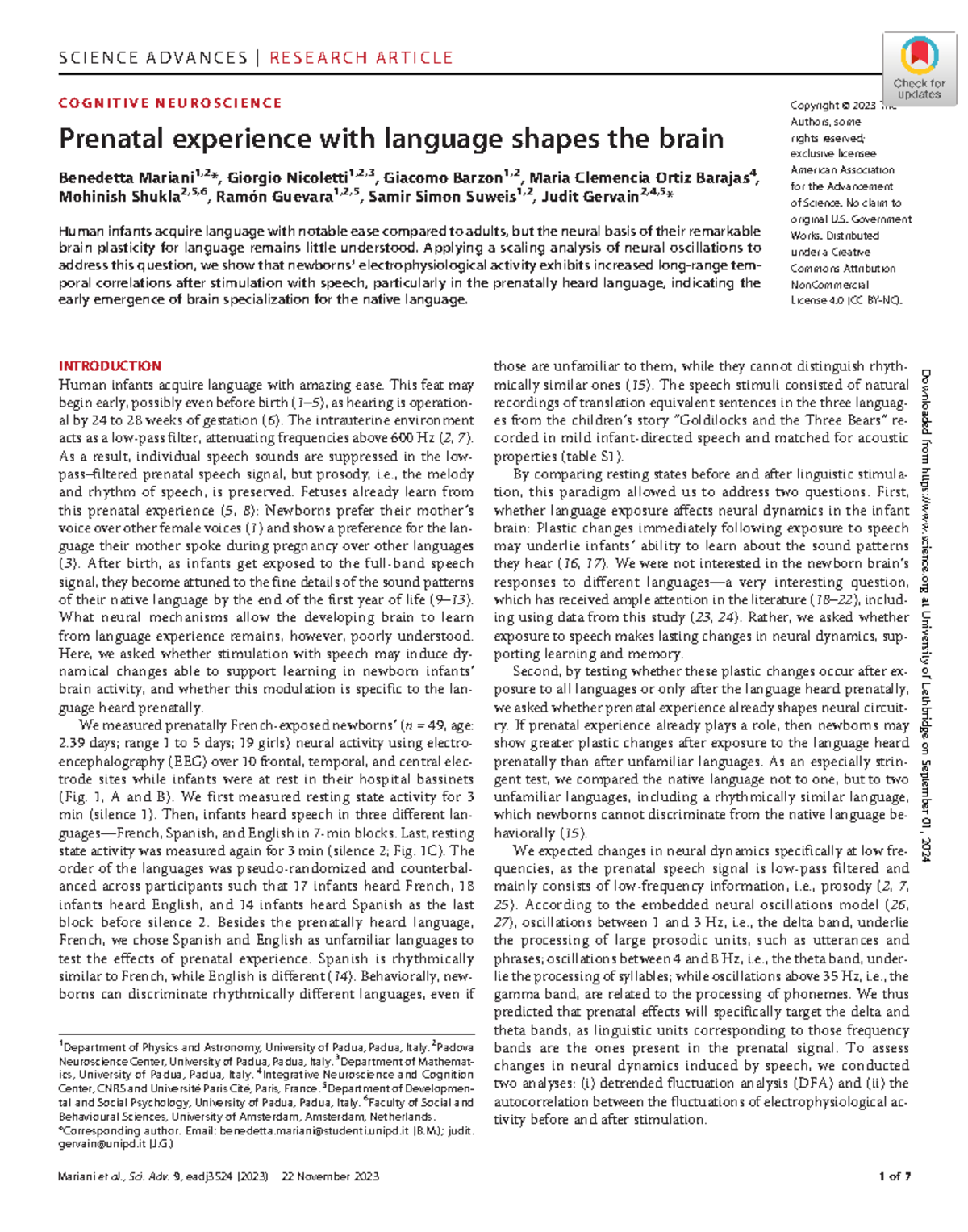 Mariani 2023 Science prenatal Experience And Brain Development - C O G ...