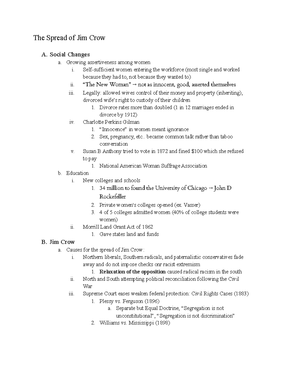 The Spread of Jim Crow - These are my notes for some of the content in ...