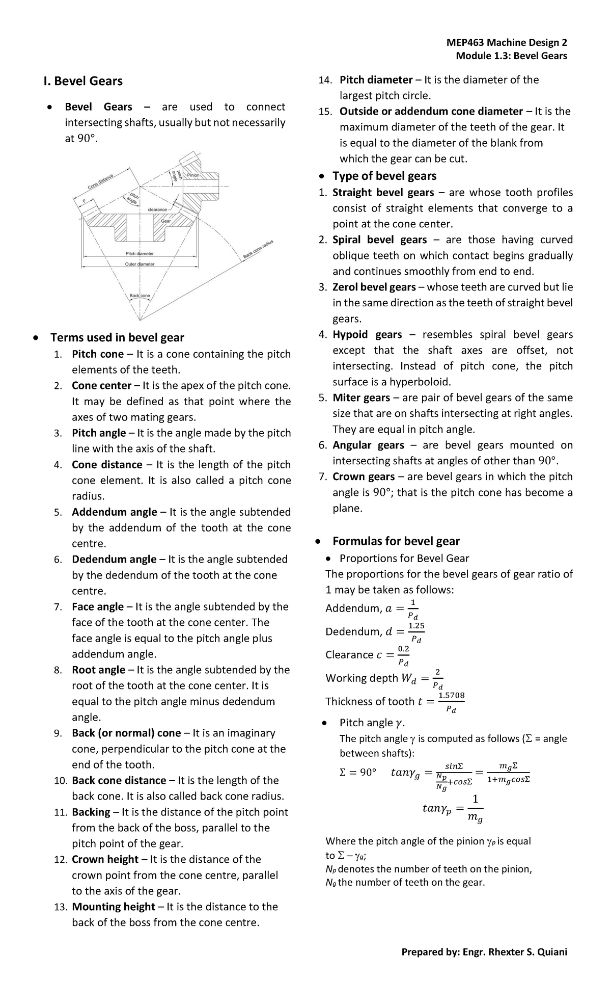 1.3 Bevel Gears - MEP463 Machine Design 2 Module 1. 3 : Bevel Gears ...