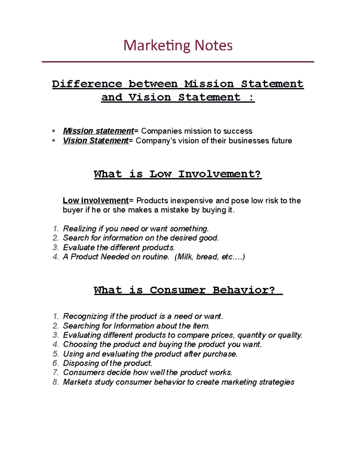 Marketing Notes - Marketing Notes Difference between Mission Statement ...