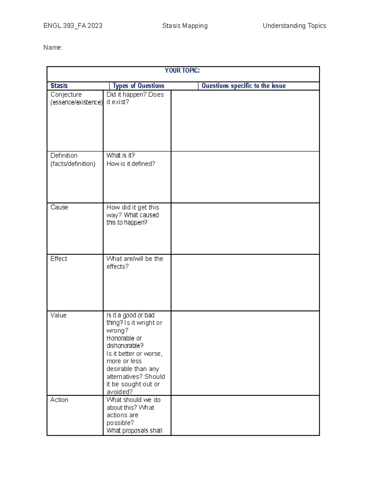 Prof. Fiore 393 Stasis Mapping Chart - ENGL 393_FA 2023 Stasis Mapping ...