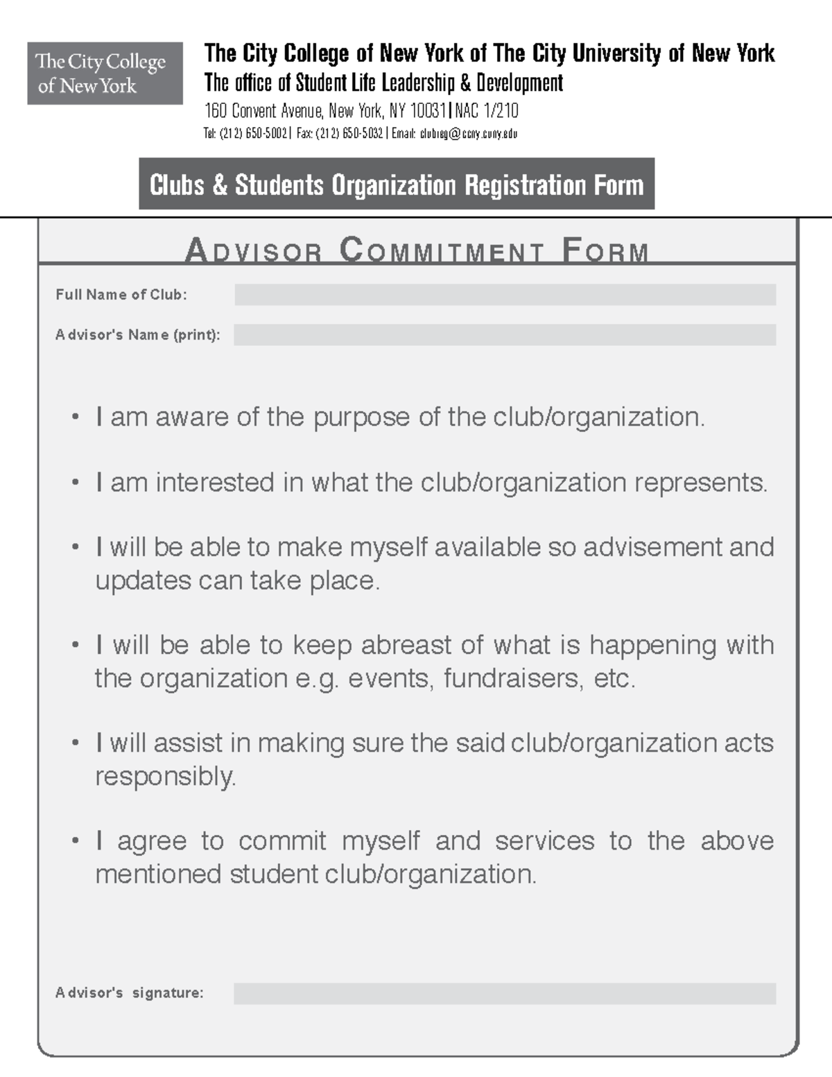 Advisor Commitment SSC Form - Club & Student OrganizatiOn regiStratiOn ...