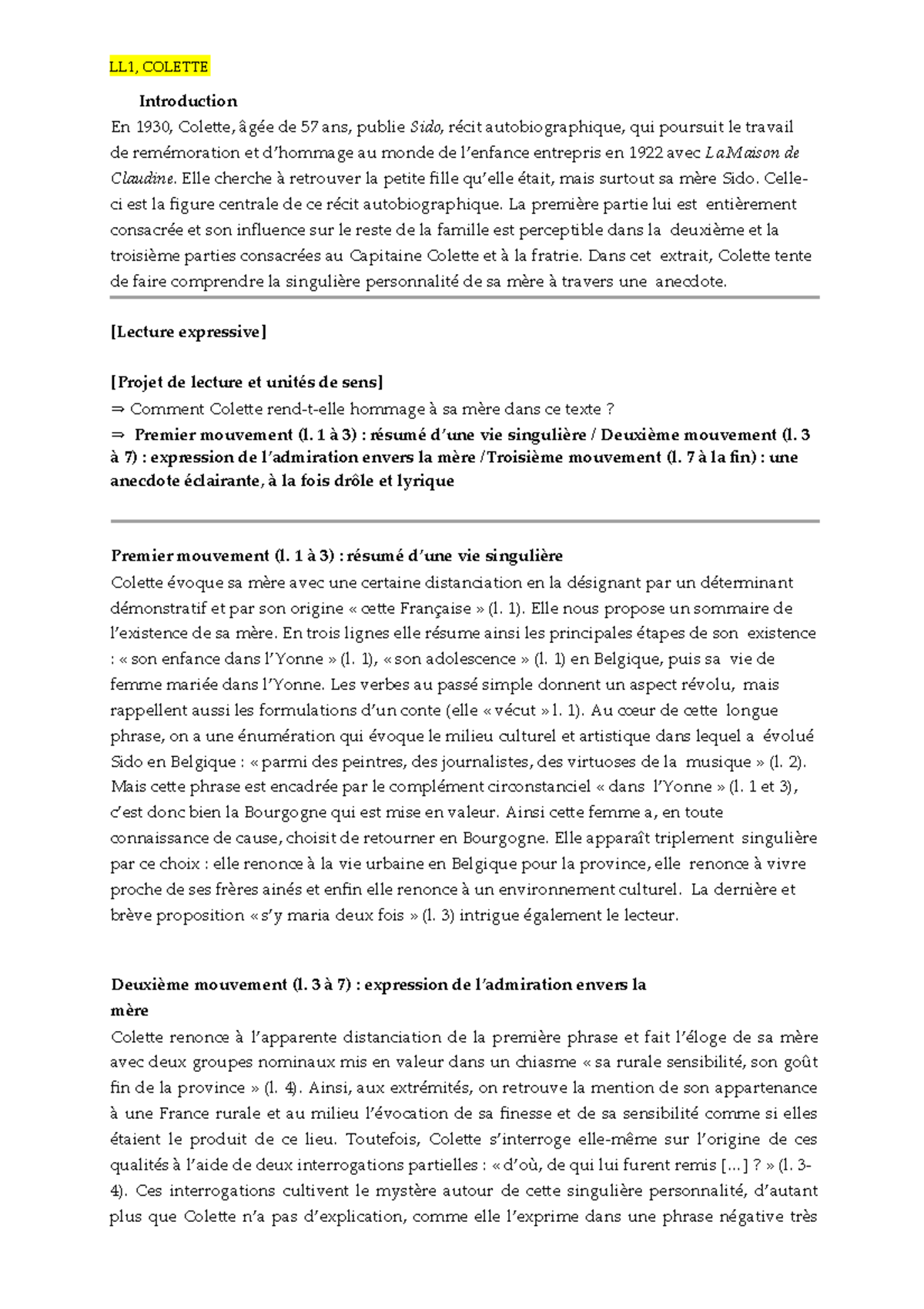 LL1 Sido portrait de la mère - LL1, COLETTE Introduction En 1930 ...