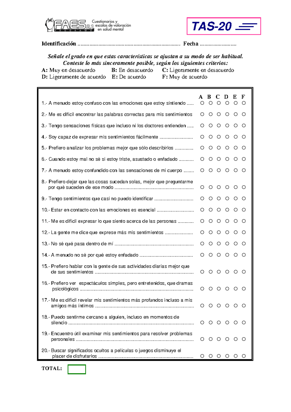 Escala de Alexitimia de Toronto (TAS20) - TAS- Identificación - Studocu