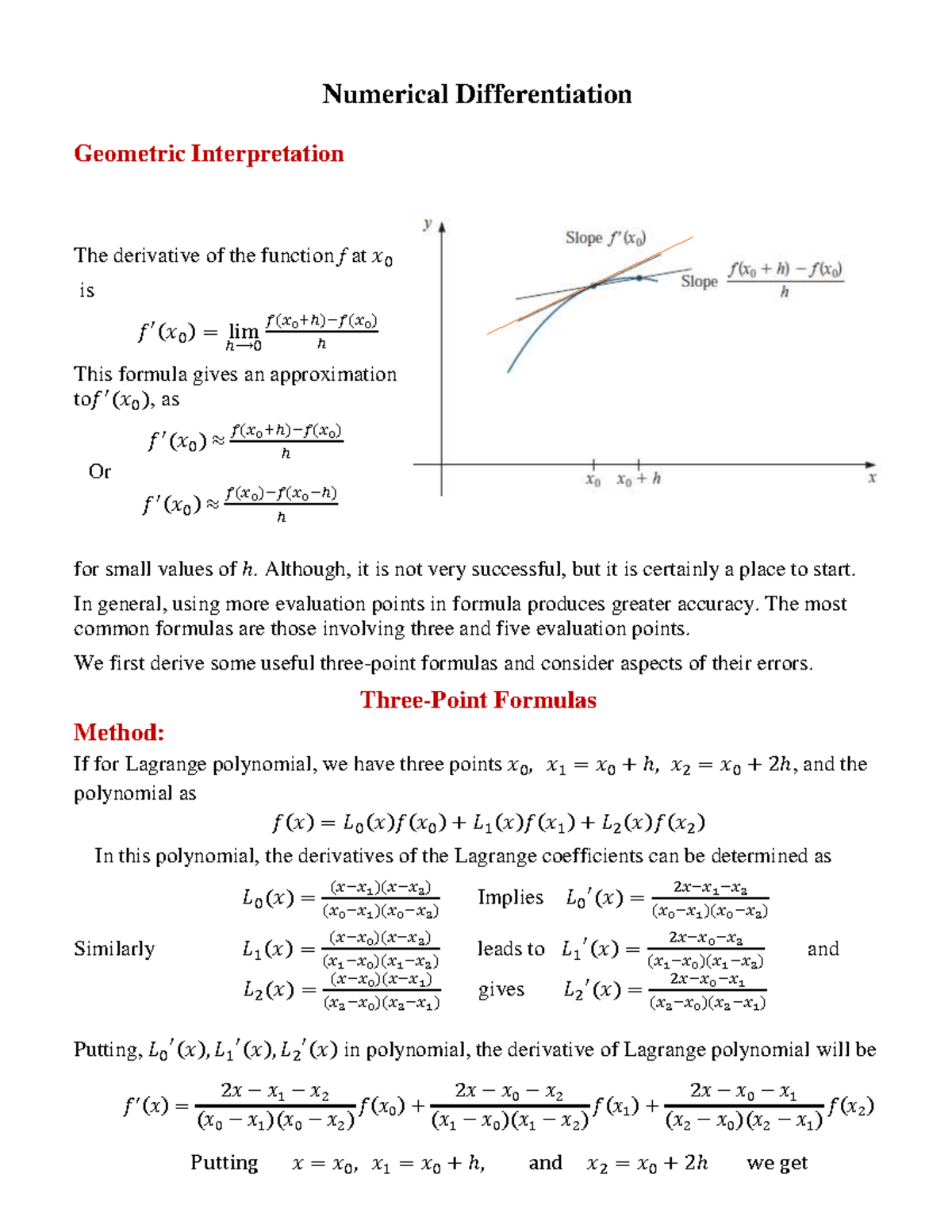 Numerical Differentiation Part A - Numerical Differentiation Geometric Interpretation The ...