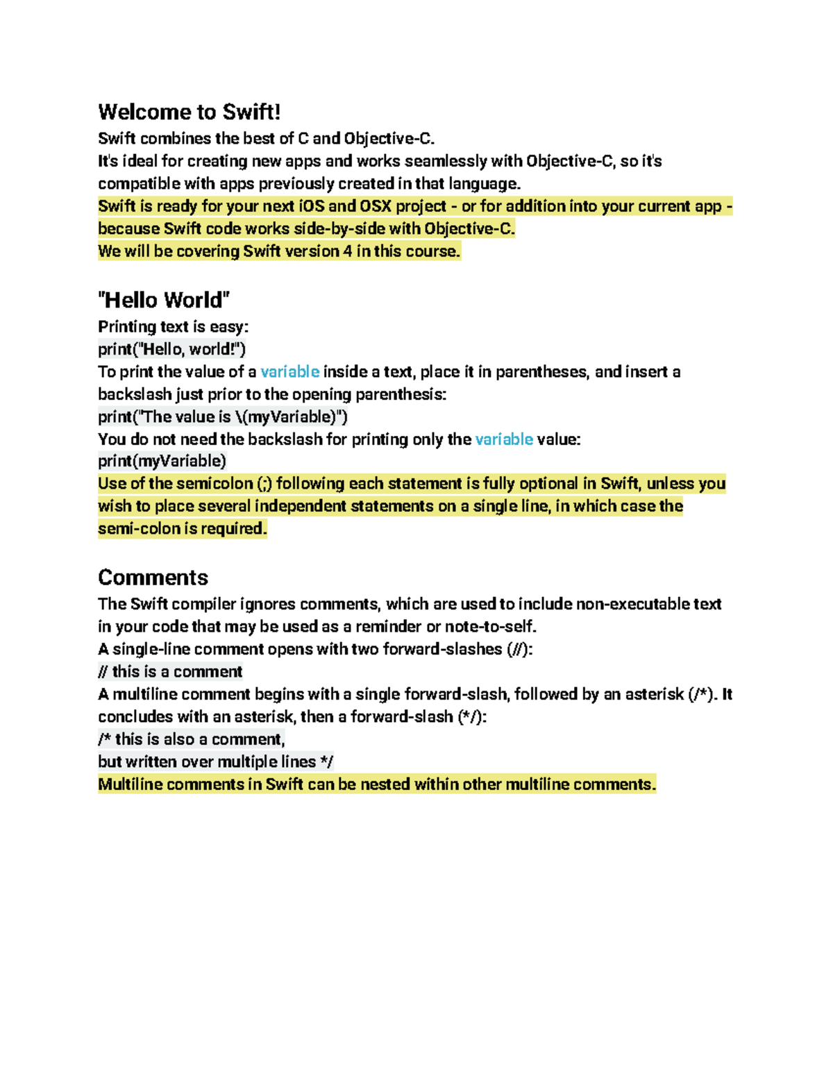 Intro to Swift - Google Docs - Welcome to Swift! Swift combines the ...