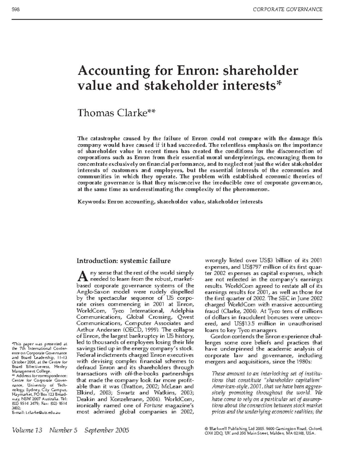 Corporate Governance - 2005 - Clarke - Accounting for Enron shareholder ...