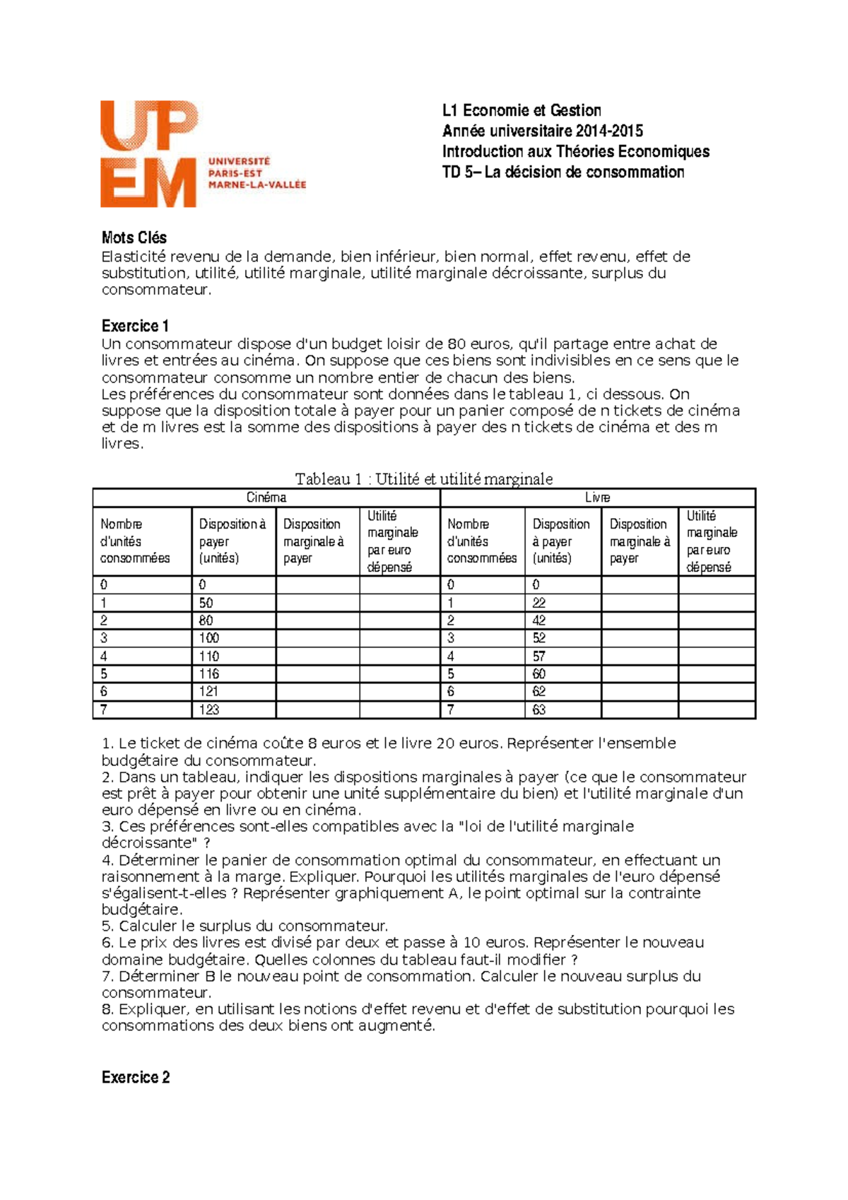 ITE-TD5 - L1 Economie et Gestion Année universitaire 2014- Introduction aux Théories Economiques ...