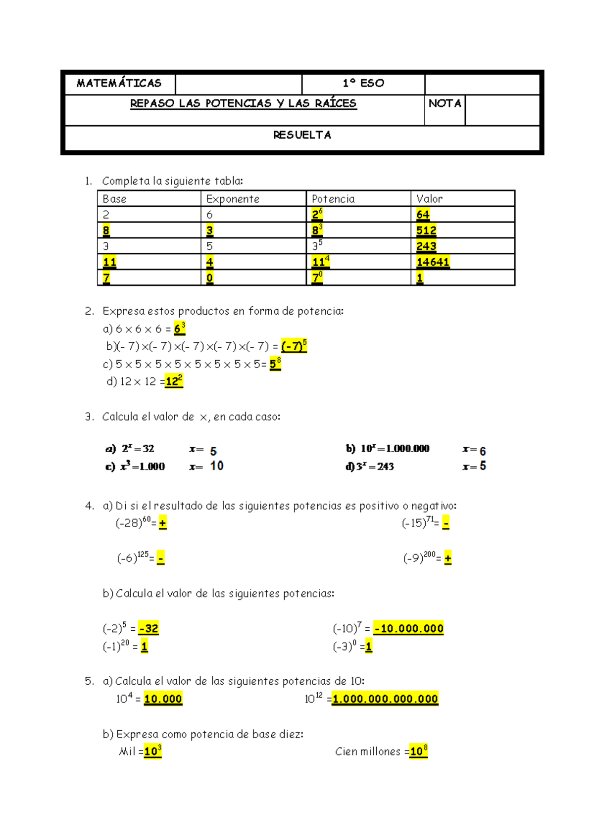 Ficha DE Repaso Resuelta - MATEMÁTICAS 1º ESO REPASO LAS POTENCIAS Y ...