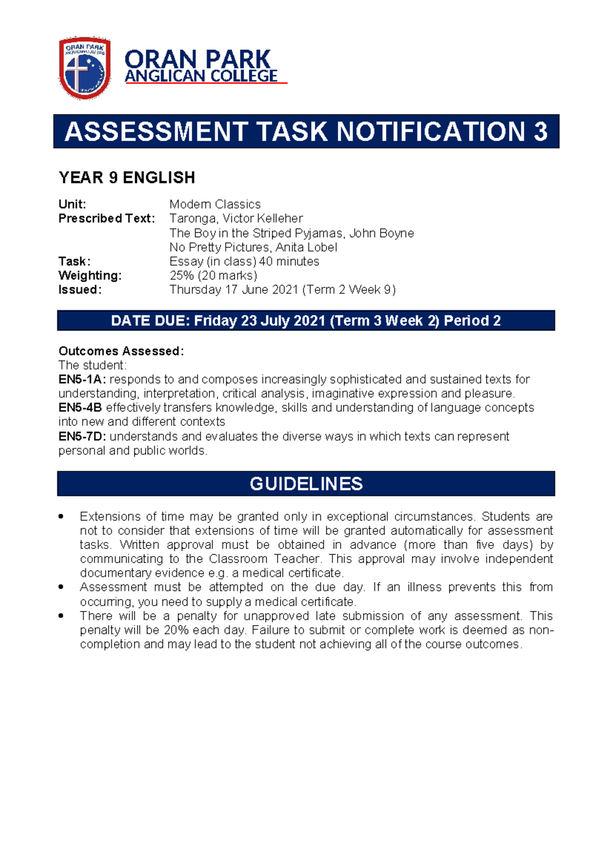 9 Assessment Notification 3 2021 Modern Classics Essay - ASSESSMENT ...