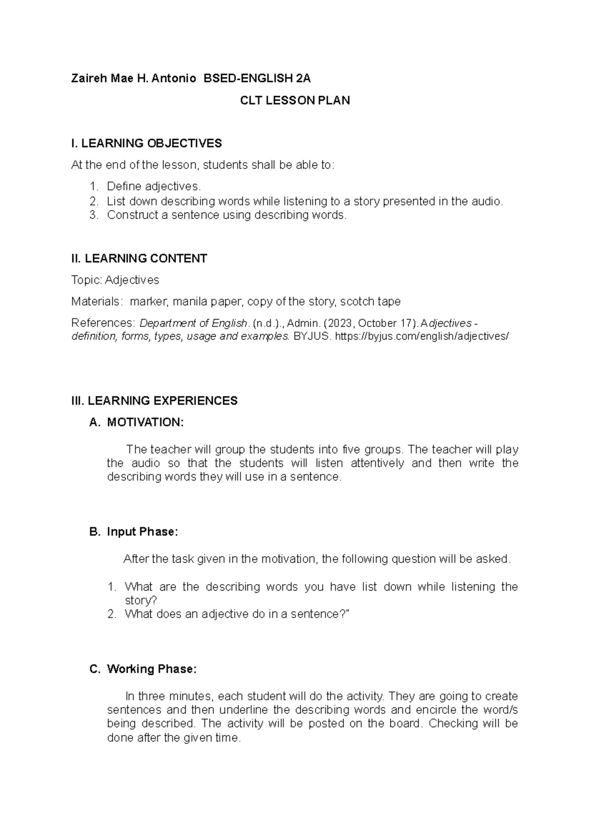 Lesson PLAN NI CHER Z - Zaireh Mae H. Antonio BSED-ENGLISH 2A CLT ...