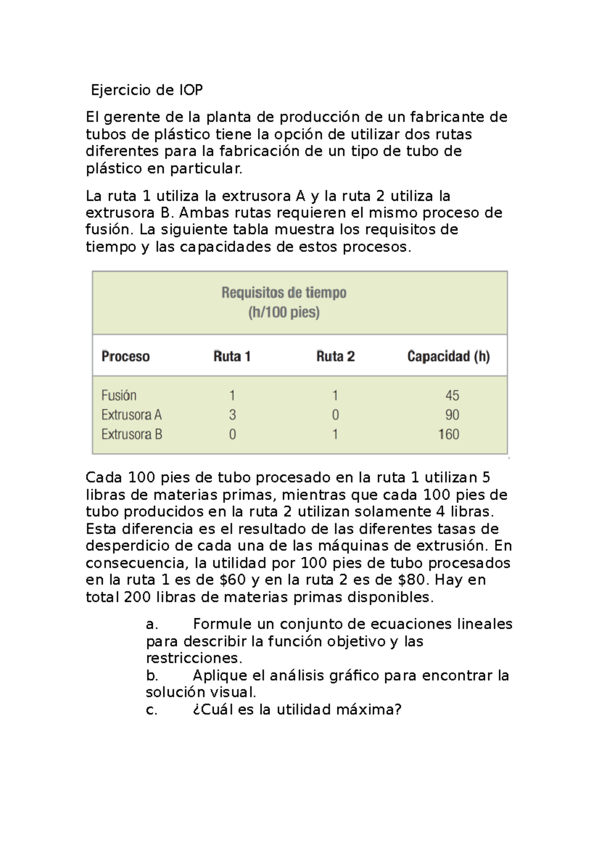Ejercicio de IOP - EJERCIIOS - Ejercicio de IOP El gerente de la planta de producción de un ...